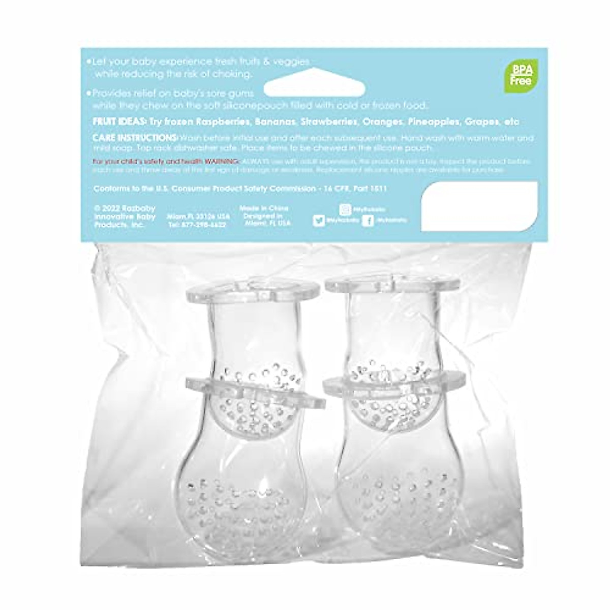 RaZbaby Feeder Pacifier Replacement Nipples (2 Large & 2 Medium) for Fruits & Vegetables, Infant Soothing Teether Toy 6M+, Food-Grade Silicone Pouch/Nipple, Dishwasher Safe, BPA Free, Freezable 4 Pack