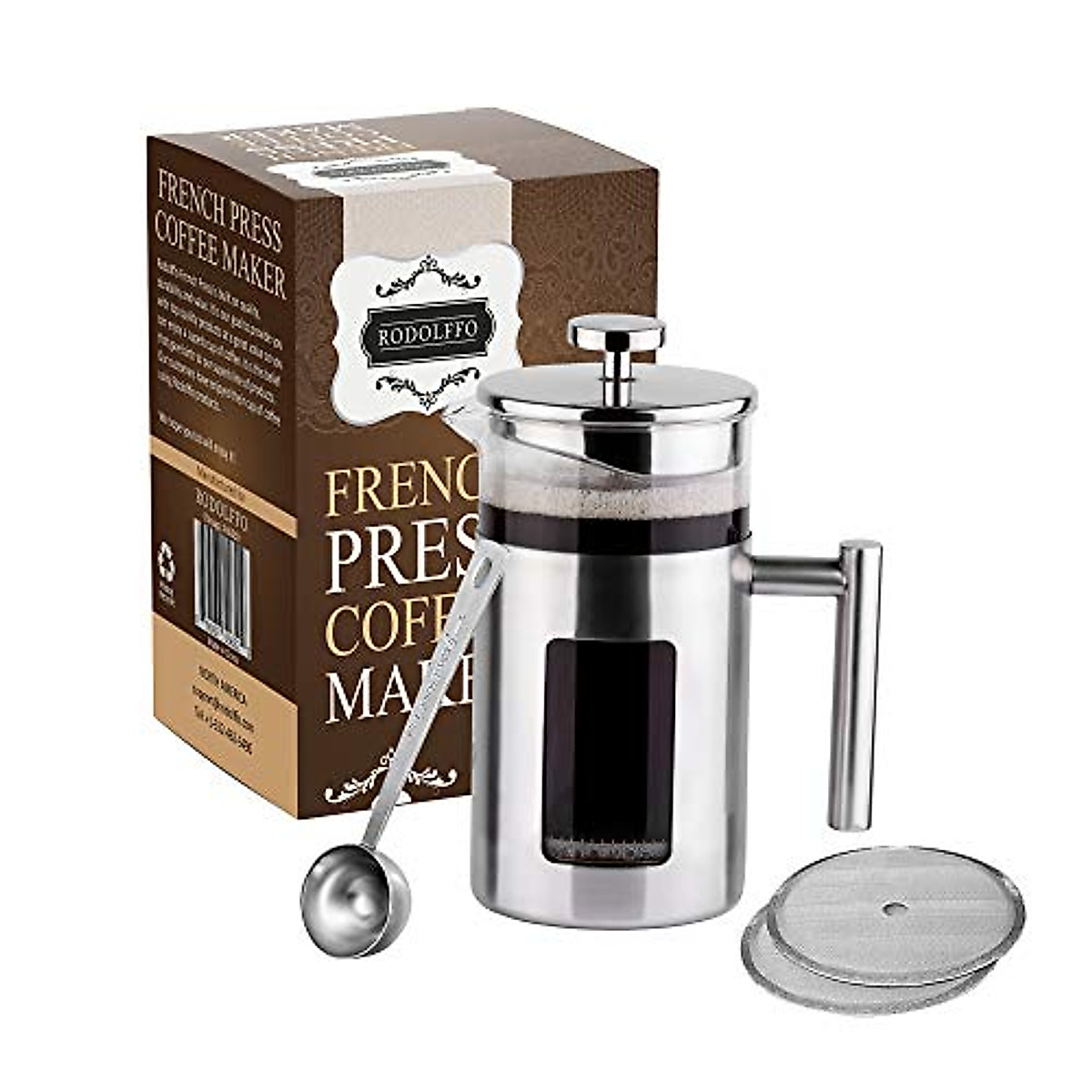 Rodolffo French Press Coffee Maker 34 Ounce with Stainless Steel 18/8 incudes Borosilicate Glass Cup & Stainless Steel Strainer. Creates Exceptional Taste & Purity. Enjoy Perfect Coffee