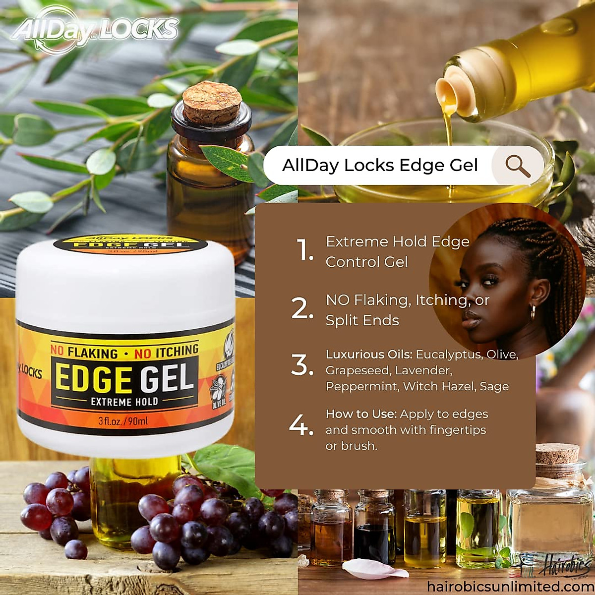 AllDay Locks Edge Gel | Extreme Hold Edge Control Gel | No Flaking, Itching, or Split Ends | Long Lasting Style for Braids, Locks, Twists, Cornrows | 3 oz