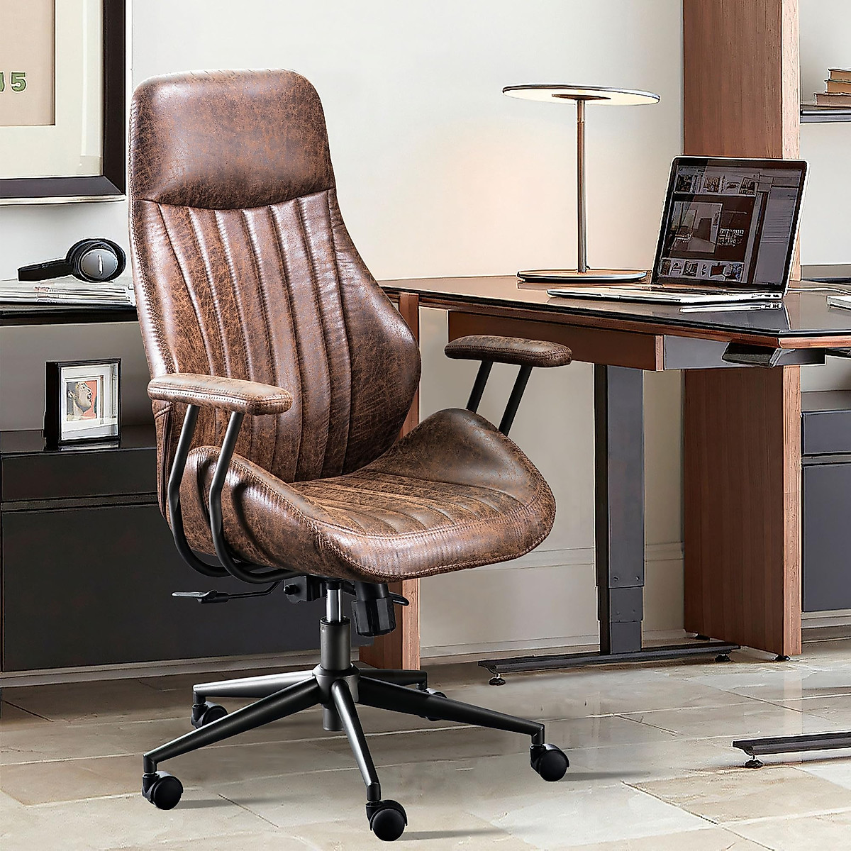 ovios Office Chair, Mid Century Modern Chair with Lumbar Support, Ergonomic High Back Suede Leather Executive Chair with Swivel Rolling Wheels, Dark Brown