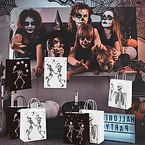 Whaline 16Pcs Halloween Skeleton Paper Gift Bags Black White Skull Party Favor Bags with Handle 4 Designs Goodie Candy Treat Bags for Halloween Party Decor Supplies
