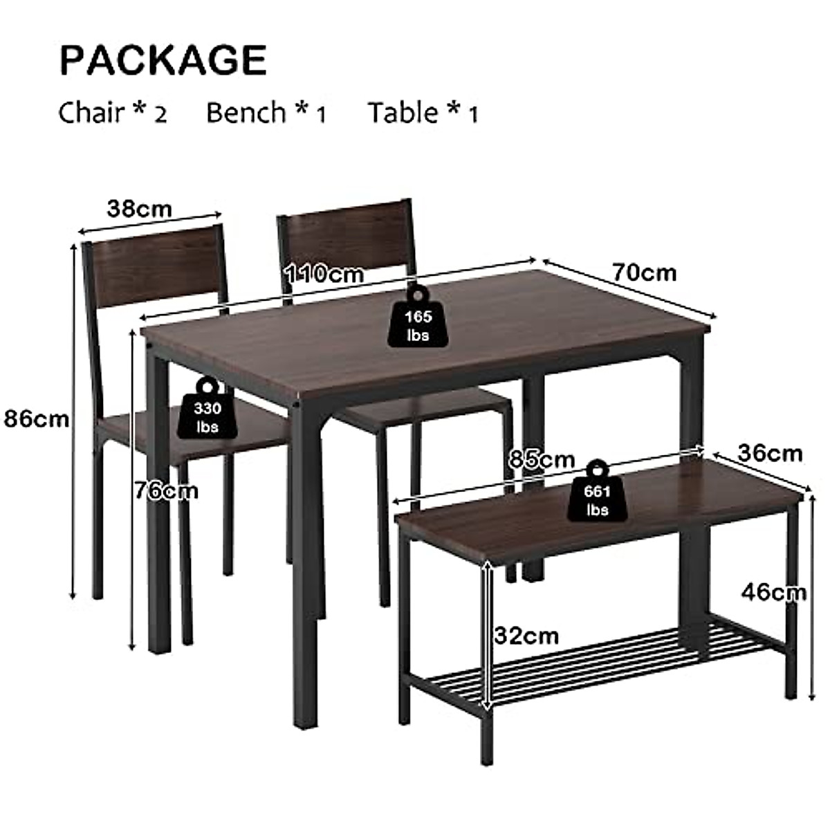 sogesfurniture 4 Piece Dining Table Set, Dining Room Set, Kitchen Dinner Table with Benches for 4, Includes Table, 2 Chairs & Bench, Brown