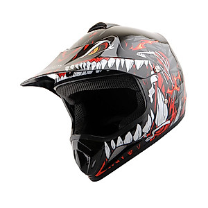 WOW Youth Kids Motocross BMX MX ATV Dirt Bike Helmet Dragon Dianasour Red + Goggles + MG Youth Red Glove Bundle