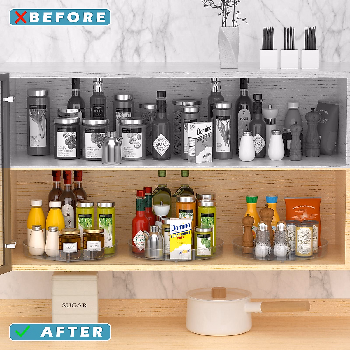 blitzlabs Divided Lazy Susan Divided Turntable Storage Container, Storage Organizer Container for Storage of Tea, Sweeteners, and More, Turntable Spice Rack for The Kitchen Cupboard, Clear, Set of 2