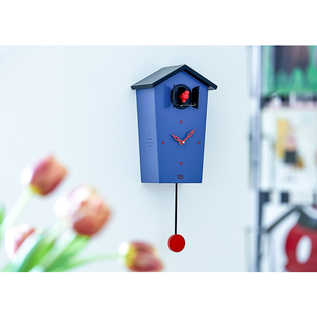 KOOKOO BirdHouse Blue, modern design cuckoo clock with 12 natural bird voices or cuckoo call