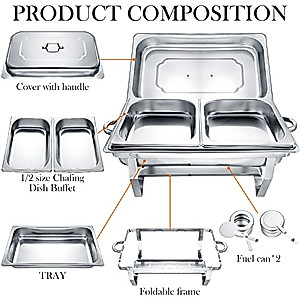 2 Pack 8 Quart Chafing Dish Buffet Set Half Size Stainless Steel Chafing Dishes Silver Rectangular Catering Chafer Warmer with Food Tray Lid and Fuel Holder for Wedding Party Banquet Catering Events