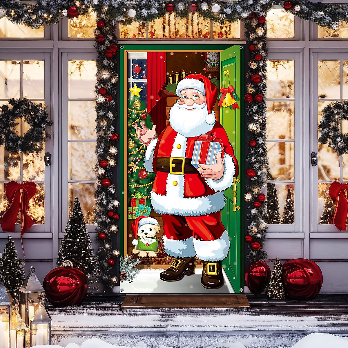 Christmas Door Cover Decoration Christmas Santa Claus Door Cover Xmas Door Hanging Banner Christmas Santa Background Banner for Home Front Door Holiday Christmas Decoration (Bright)