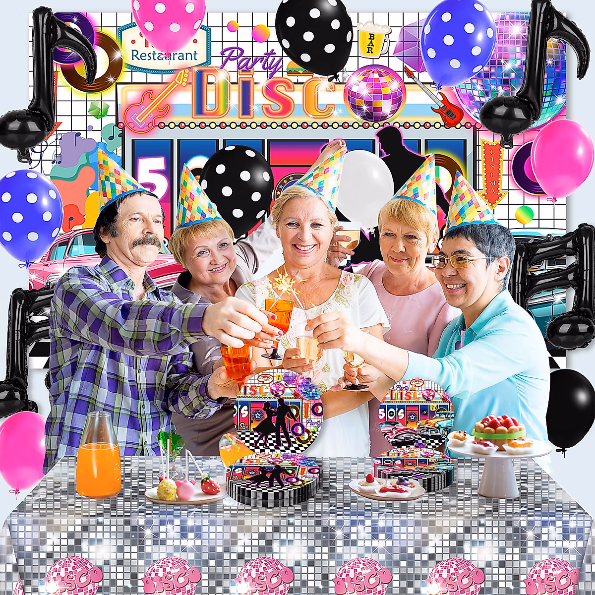 50s Party Decorations - Music Birthday Party Supplies Backdrop Banner- Paper Dinner Dessert Plates Tinsel Curtains Tablecloth Balloons 50's Music Theme Birthday Party Decorations Party Favors