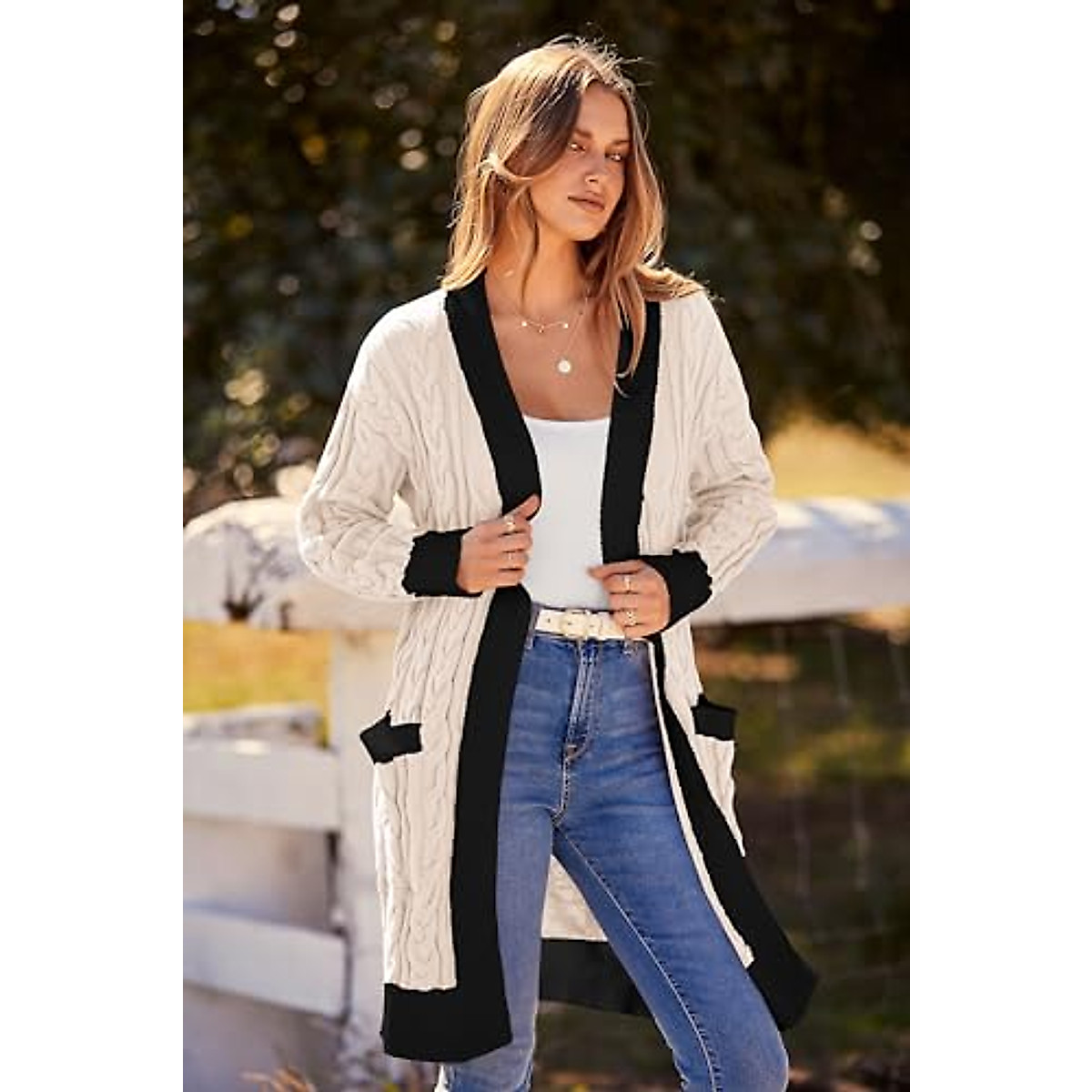 PRETTYGARDEN Women's 2024 Fall Cable Knit Cardigan Sweaters Casual Long Sleeve Open Front Loose Outerwear Coats (Beige,Medium)