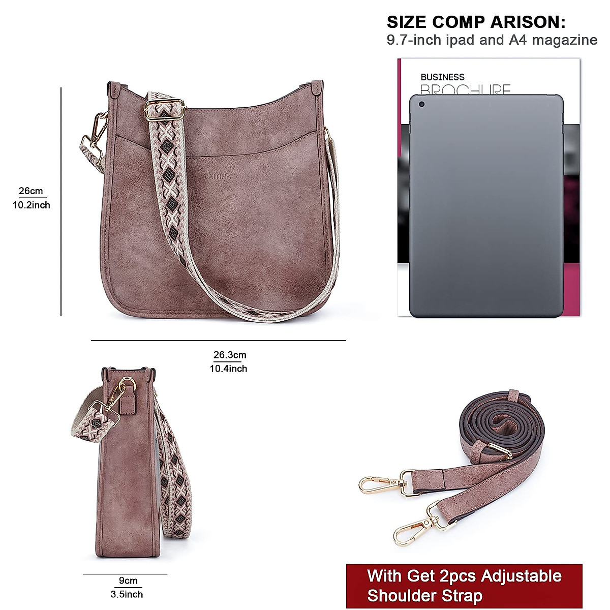 Caitina Women's Shoulder Handbags Trendy Vegan Leather Crossbody Bag Purses For Women,with 2PCS Adjustable Strap Hobo Handbag(Mod Pink)