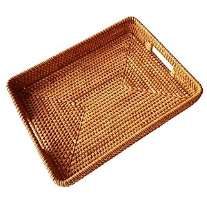 i-lan 15 Inch Large Size Handwoven Serving Tray, Decorative Rectangular Rattan Basket Bread Trays with Handles and 2.3”Wall, Vintage Organizer Plate Wicker Basket Tray for Dessert, Snack, Candy, L