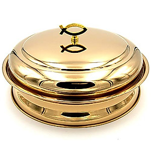 Communion Tray | Stackable | Base, Disk with Bread Plate Integrated and Cover | Stainless Steel | Brass Tone | Capacity for 33 Cups