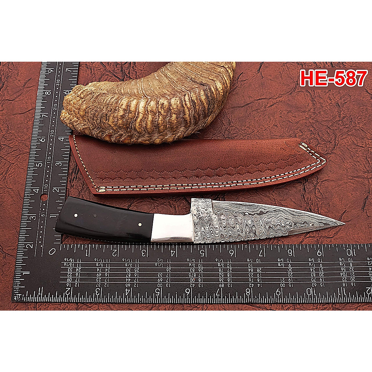 HUNTEX Handmade Hand-Forged Ladder Pattern Damascus Steel 10 Inch Long Full Tang Natural Buffalo Horn Handle Razor Sharp Hunting Camping Skinning Knife w/Genuine Leather Pouch