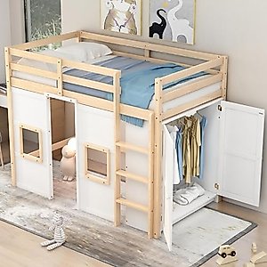 BOVZA Twin Size Loft Bed with Built-in Storage Wardrobe and 2 Windows, Wood Playhouse Loft Bed Frame with High Guard Rails for Kids Boys Girls Teens, Natural+White