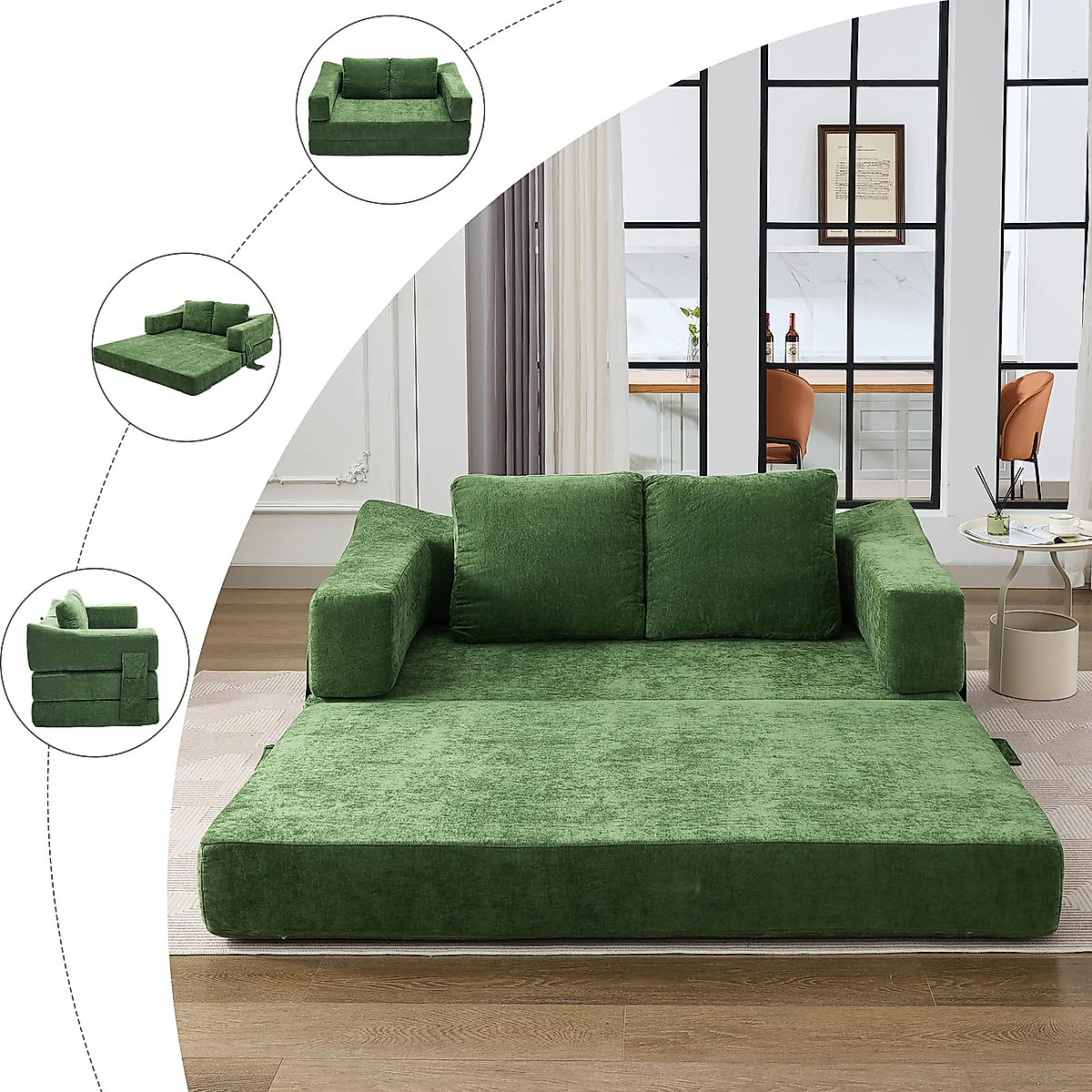Modern Minimalist Sofa, Folding Sofa Bed, Convertible Sofa Floor Sofa Bed Lazy Sofa, Removable Back, Suitable for Living Room Bedroom Apartment Small Space (Green)