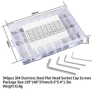 950 Pcs Flat Head Hex Socket Head Cap Screws Bolts and Nuts and Washers Assortment Kit, M2/M3/M4/M5 Allen Socket Drive Stainless Steel Bolts Nuts Washers Set