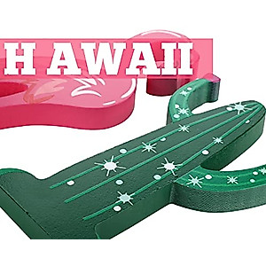 Summer Wooden Signs Hawaii Luau Party Wooden Blocks Summer Home Decorations Tropical Cactus Flamingo Pineapple Monstera Wood Table Centerpiece for Summer Home Table Luau Party, 4 PCS