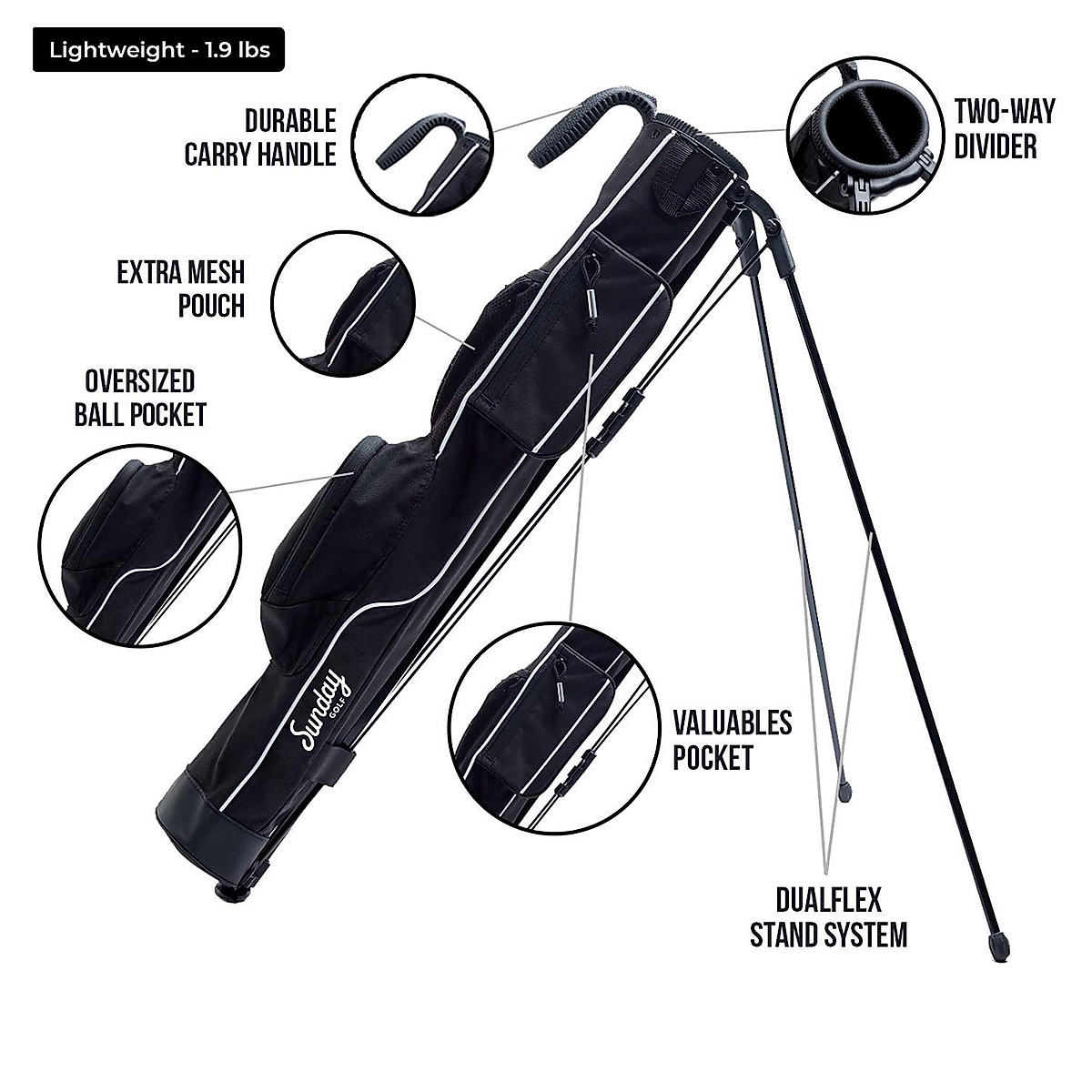 Sunday Golf - Lightweight Sunday Golf Bag with Strap and Stand – Easy to Carry and Durable Pitch n Putt Golf Bag – Golf Stand Bag for The Driving Range, Par 3 and Executive Courses – 31.5 inches Tall…