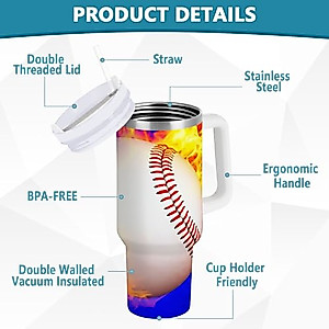 ODAWA 30 Oz Baseball Flames Blue Insulated Tumbler Cup with Lid and Straw, 2 in 1 Lid Insulated Stainless Steel Tumblers