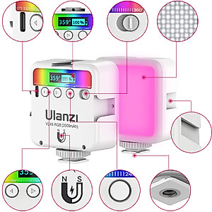ULANZI VL49 RGB Video Lights White, LED Camera Light 360° Full Color Portable Photography Lighting w 3 Cold Shoe, 2000mAh Rechargeable CRI 95+ 2500-9000K Lamp Support Magnetic Attraction