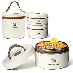 Keweis Bento Lunch Box Set, Set of 2 Insulated Lunch Containers with Thermal Bag, Stackable Stainless Steel Leakproof Lunch Boxes for Adults Kids, Portable Food Container with Date Record