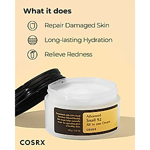COSRX Snail Mucin 92% Repair Cream 3.52 oz, 100g, Daily Face Gel Moisturizer for Dry Skin, Acne-prone, Sensitive Skin, Not Tested on Animals, No Parabens, No Sulfates, No Phthalates, Korean Skincare
