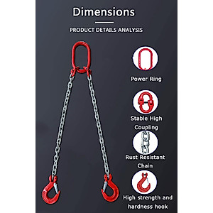Chain Sling 1/4Inch X 5 Ft 4410lb Double Leg with Sling Hooks and Adjusters Grade 80Alloy Steel Engine Chain Hoist Lifts【2Leg 2Ton】
