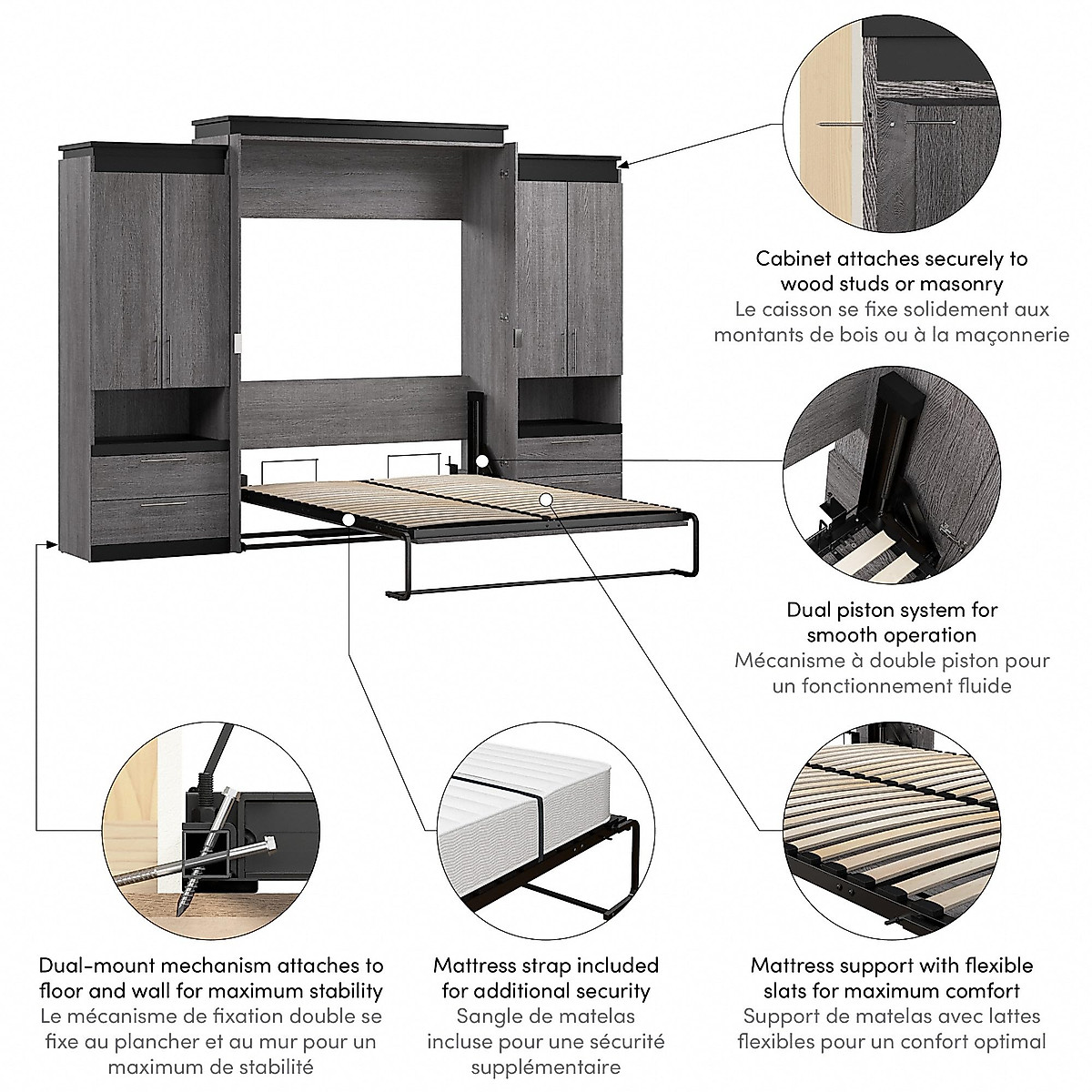 Bestar Orion Queen Murphy Bed with Storage Cabinets and Pull-Out Shelves (126W) in Bark Grey and Graphite, Sleeping Arrangement with Organization