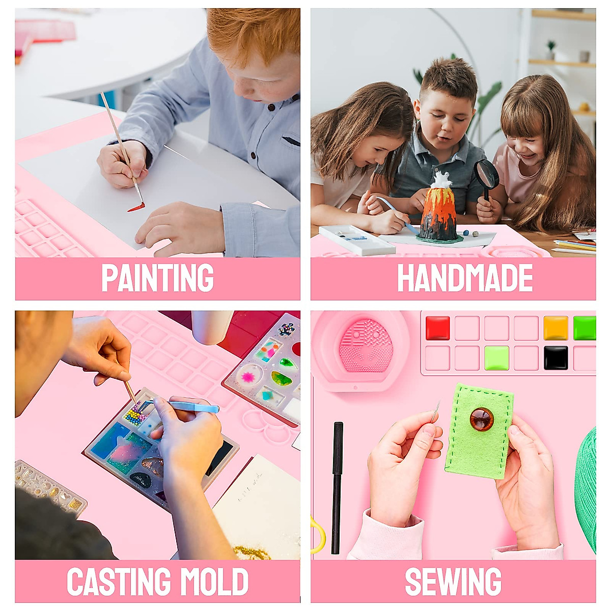 Silicone Art Mat, Silicone Mats for Crafts - Silicone Painting Mat with A4 Cutting Mat, Silicone Artist Mat with Cup for Art, Handmade, Crafts, Sewing and Scrapbooking (Pink)