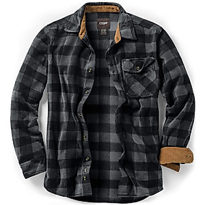 CQR Men's Long Sleeve Heavyweight Fleece Shirts, Plaid Button Up Shirt, Warm Outdoor Casual Shirt with Pockets, One Pocket Charcoal, Medium