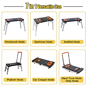 LEADALLWAY 7-in-1 Folding Portable Workbench Painted Work Table as Workbench, Scaffold,Platform,Sawhorse,Car Creeper and Hand Truck with 4 Wheels, Black