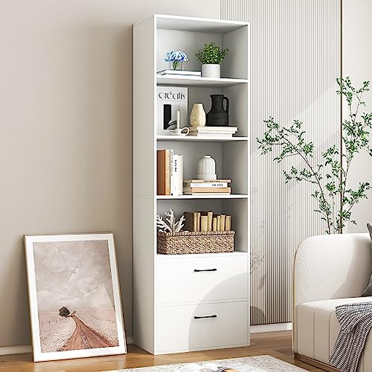 IFANNY 4 Shelf Bookcase with Drawers, Tall Bookshelves and Bookcases, Vertical Bookshelf Tower, Wood Storage Shelves, Modern Book Shelf for Bedroom, Living Room, Home Office