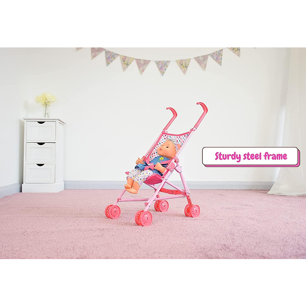 KOOKAMUNGA KIDS Baby Doll Stroller – Umbrella Stroller for Dolls - Foldable & Lightweight Baby Stroller for Dolls - Play Stroller w/ Sturdy Steel Frame - Ideal for Baby Dolls up to 18" - Pink Unicorn