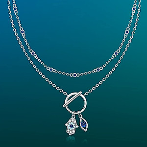 Talonior Layered Hamsa Hand Evil Eye Necklace for Women S925 Sterling Silver Hand of Fatima Necklaces Good Luck Gifts