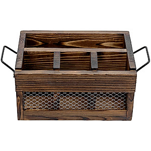 MyGift Rustic Brown Wood Utensil Holder and Napkin Rack with Black Metal Carry Handles and Chicken Wire Front Panel, Dining Flatware Cutlery Storage Caddy