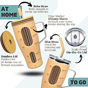 MAISON CLARA Glass Tumbler with Straw and Lid - 40oz Reusable Tumbler with Handle, Time Marker, Silicone Protective Sleeve-Two Straws & Two Lids (AMBER)