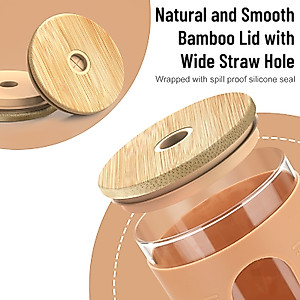 Zukro 40 oz Glass Tumbler with Handle and Wide Straw, Drinking Cup With Bamboo Lid For Water, Iced Coffee, Time Marker to Dink, Large Smoothie Cup with Silicone Sleeve, BPA Free, Fit Cupholder, Khaki