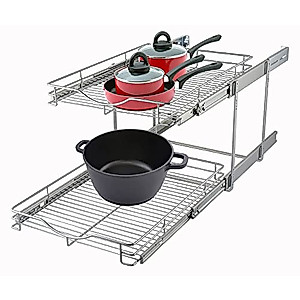 DINDON 2 Tier Pull Out Cabinet Organizer (20" W X 21" D), Double Tier Wire Basket Slide Out Shelf Storage for Kitchen Base Cabinet Organization ​for Kitchen, Pantry, Bathroom, Chrome
