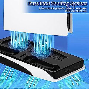 PS5 Cooling Station with RGB LED for Playstation 5 Console, Grathia Dual Fast PS5 Controller Charging Station with Cooling Fan, PS5 Controller Charging Doking Station with 12 Games & Headset Holder