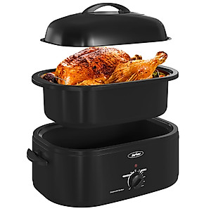 Royalcraft Roaster Oven with Self-Basting Lid, 18qt Electric Roaster with Removable Pan & Rack, Turkey Roaster Oven with Defrost & Warm Function, Stainless Steel, Black