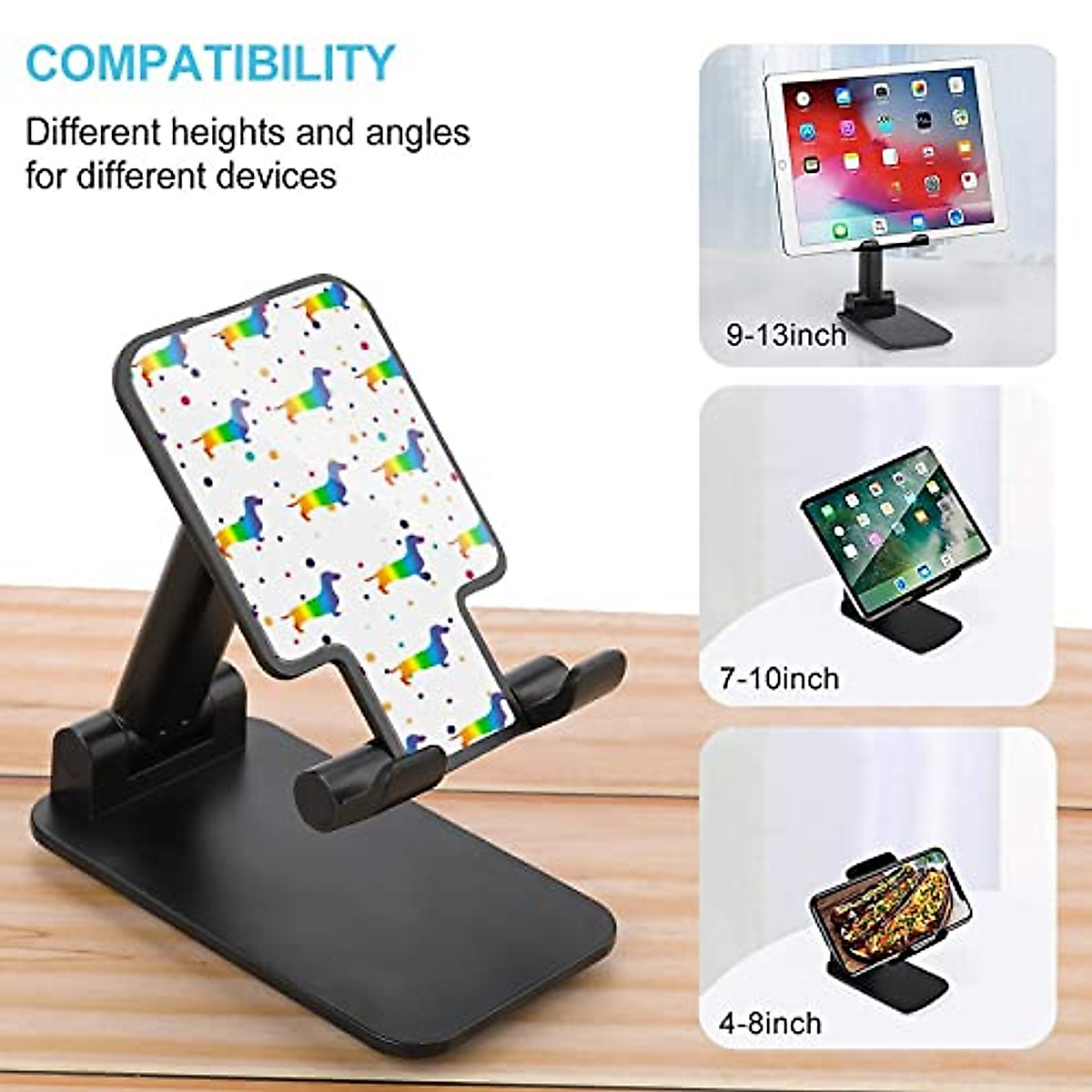 Rainbow Daschund Print Cell Phone Stand Compatible with iPhone Switch Tablets Foldable Adjustable Cellphone Holder Desktop Dock (4-13")