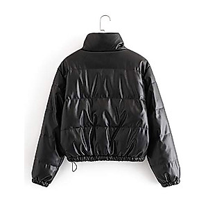 Tanming Womens Faux Leather Puffer Jacket Winter Long Sleeve Black Short Bubble Coat (Black-S)