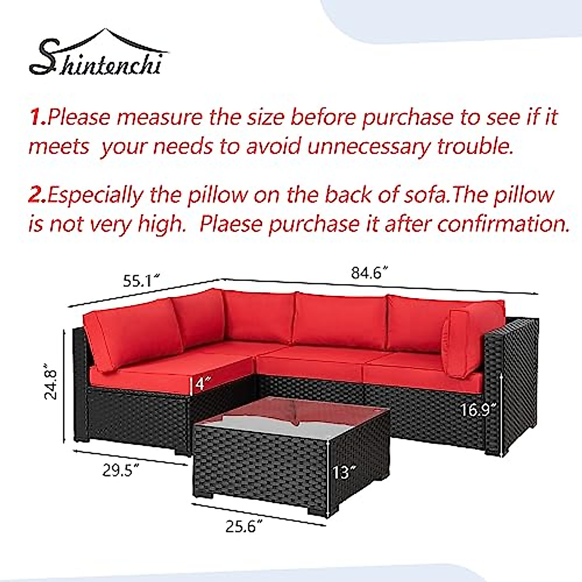 Shintenchi 5 Pieces Outdoor Patio Sectional Sofa Couch, Black PE Wicker Furniture Sets, Patio Conversation Sets with Washable Cushions Glass Coffee Table for Garden, Poolside, Backyard,Red