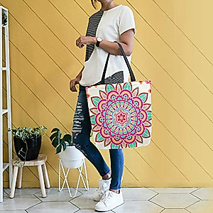ALAZA Ethnic Boho Hippie Bohemian Canvas Tote Bag Top Handle Purses Large Totes Reusable Handbags Cotton Shoulder Bags for Women Travel Work Shopping Grocery
