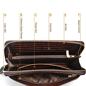 Real Leather Clutch Bags for Men Large Zip Around Genuine Leather Purse Vintage Retro Checkbook Handbag Coffee