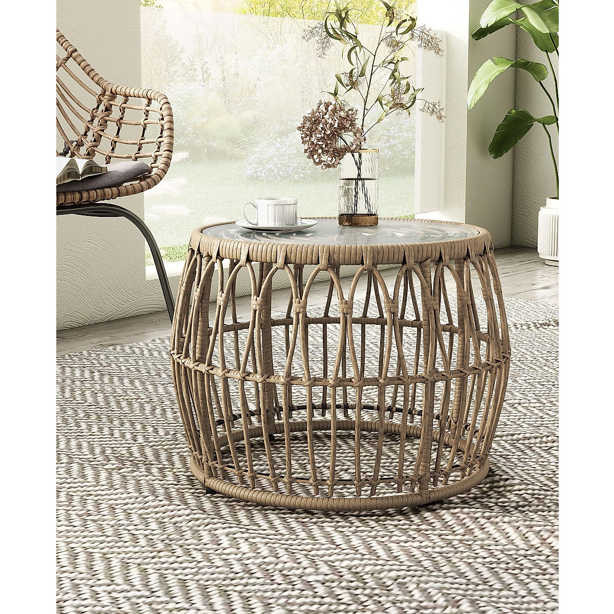 Muse & Lounge Co. Ysar Boho Rattan Round Coffee Table Outdoor with 5mm Tempered Glass Top, All-Weather and Rust Resistant Patio Furniture