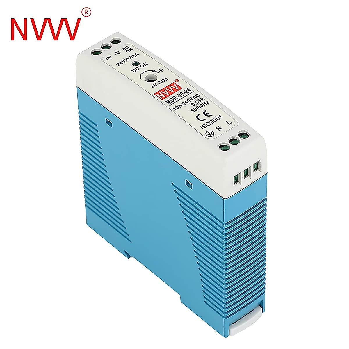 NVVV MDR-20-24 AC to DC DIN-Rail Power Supply, 24V, 1 Amp, 24W, 1.5"