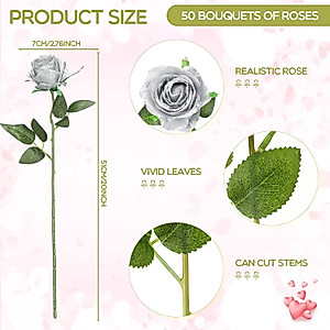 50 Pcs Artificial Rose Flower Realistic Silk Roses with Stem Bouquet of Flowers Plastic Flowers Real Looking Fake Roses for Home Wedding Centerpieces Party Decorations (Silver)