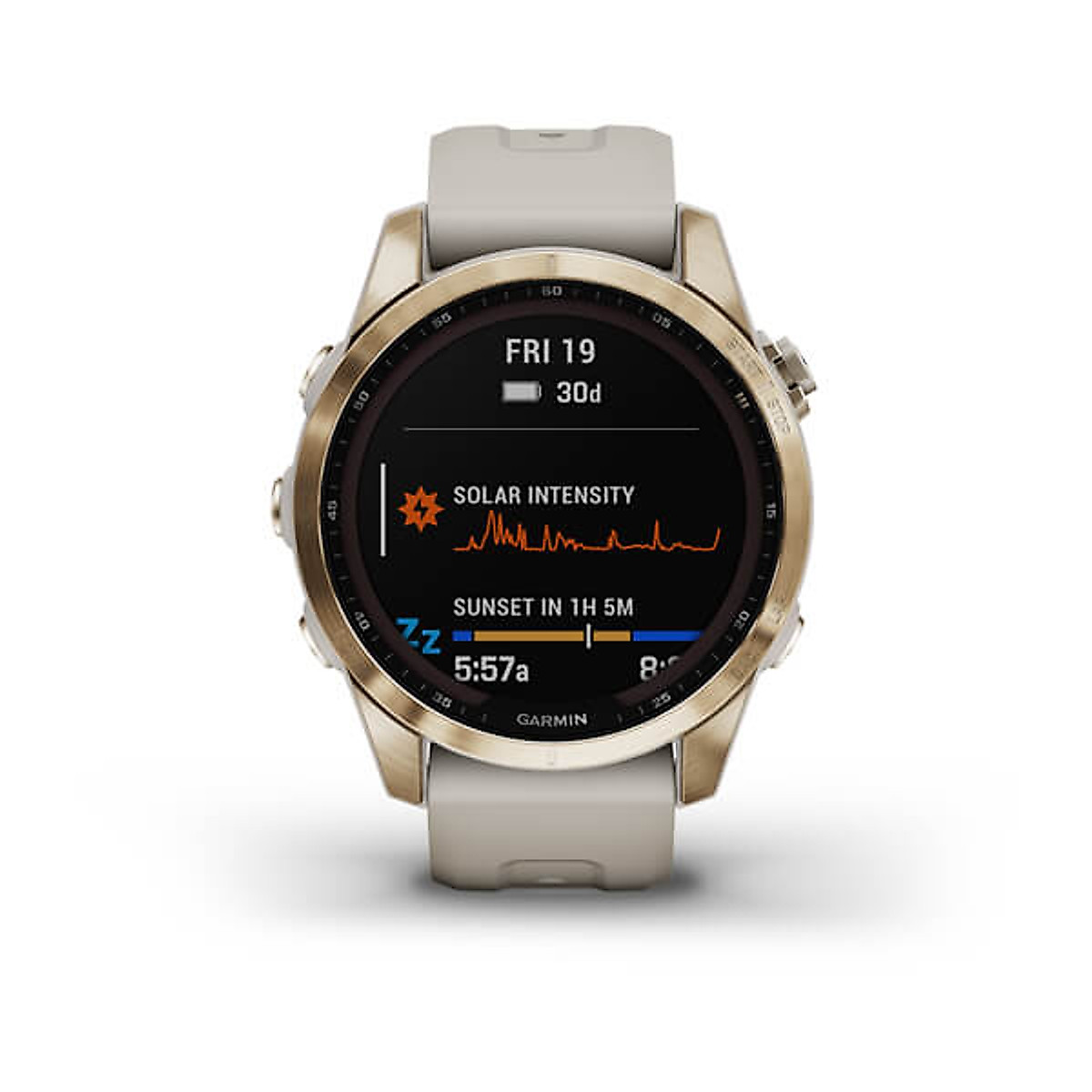 Garmin Fenix 7S Sapphire Solar Edition Smart Watch Cream Gold Titanium with Light Sand Band + Watch Charging Stand + USB Car/Wall Adapter + 6TH AVE Cleaning Kit + Sweat Workout Towel (010-02539-20)