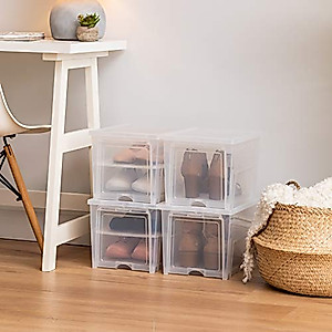 IRIS USA 4 Pack Shoe Storage Box, Clear Plastic Stackable Shoe Organizers for Closet, Space Saving Drop Front Sneaker Containers, Tall